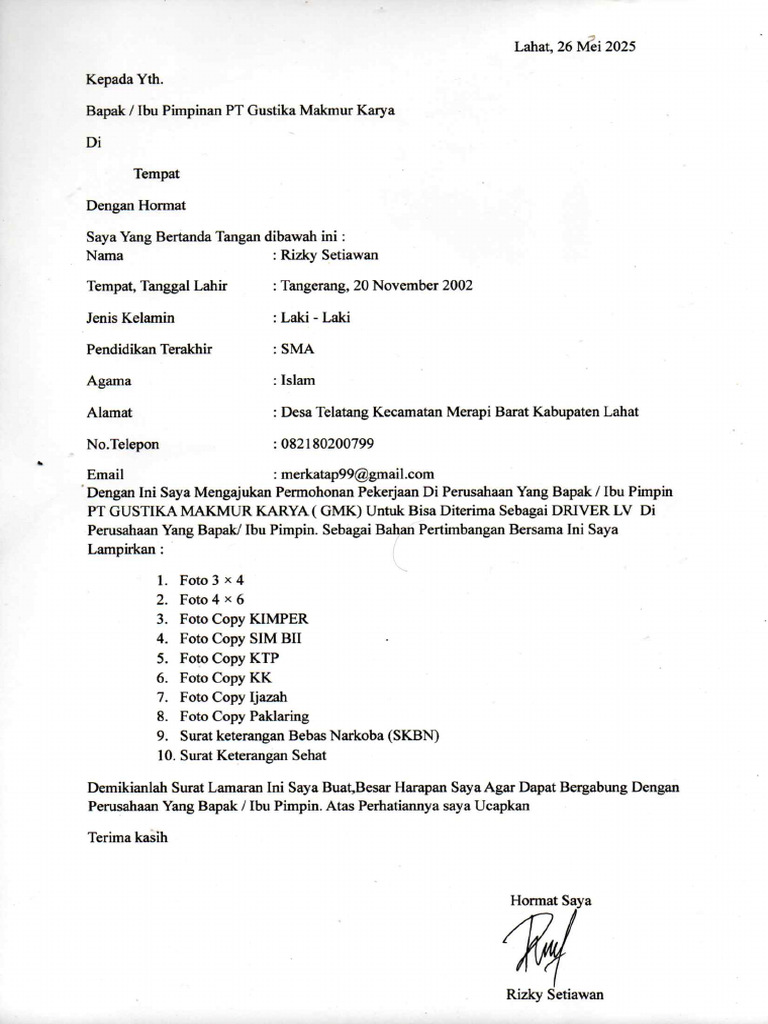 Surat Lamaran Rizky Setiawan PT GMK | PDF