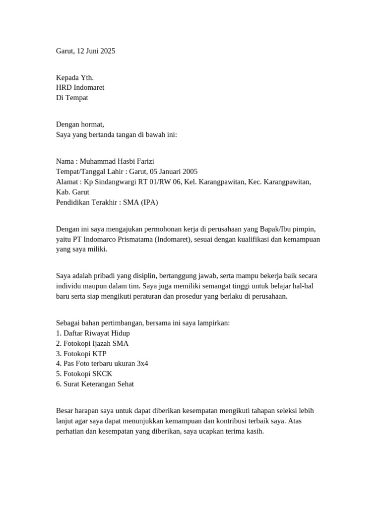 Surat Lamaran Indomaret Muhammad Hasbi Farizi | PDF