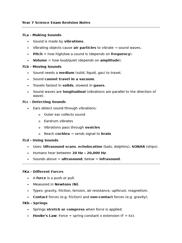 Year 7 Science Exam Revision Notes | PDF | Sound | Cell (Biology)