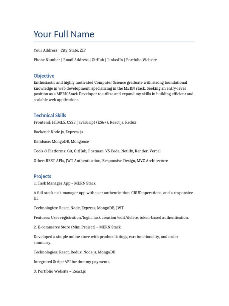 Entry-Level MERN Stack Developer Resume | PDF