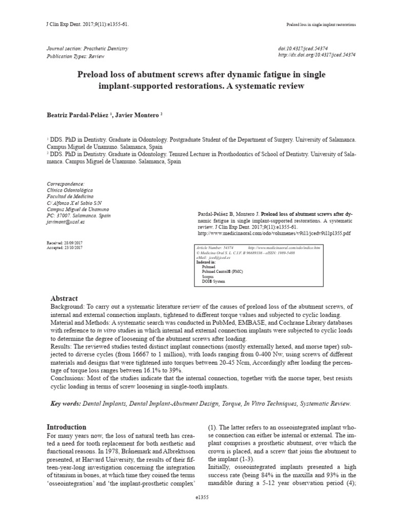 Preload Loss of Abutment Screws After Dynamic Fatigue in Single | PDF ...