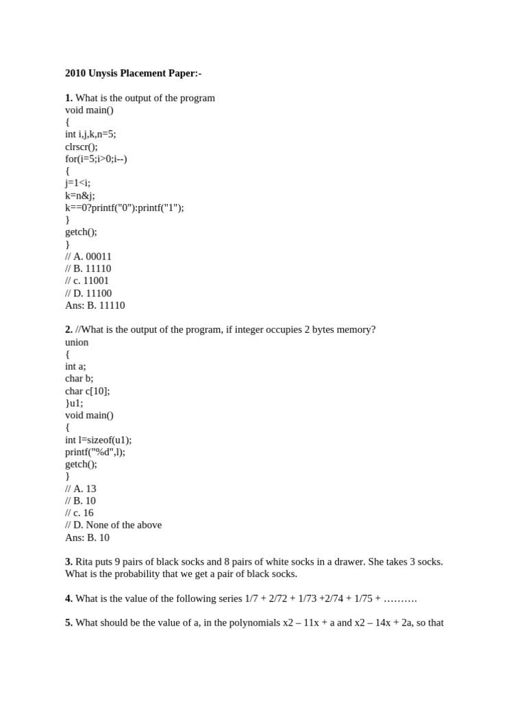 2010 Unysis Placement Paper | PDF | Software Engineering | Computer ...