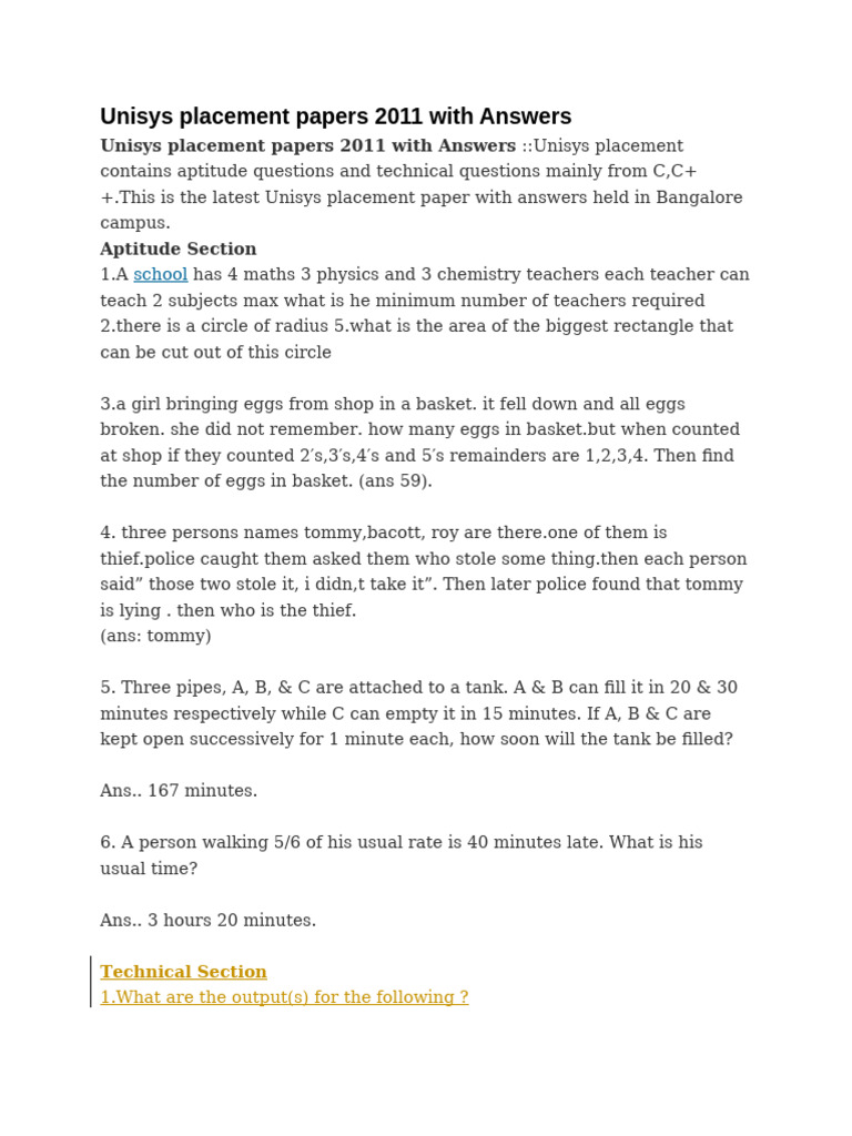 Unisys Placement Papers 2011 With Answers | PDF | Computer Programming