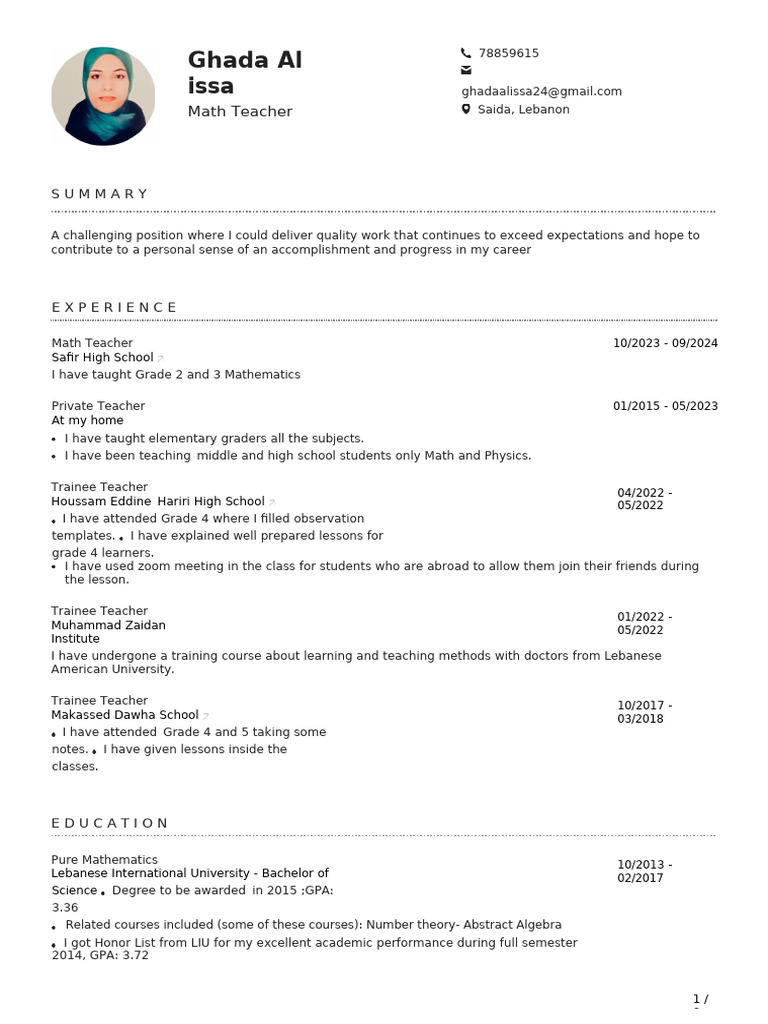 Ghada Al Issa - Math Teacher - CV | PDF | Teachers | Mathematics