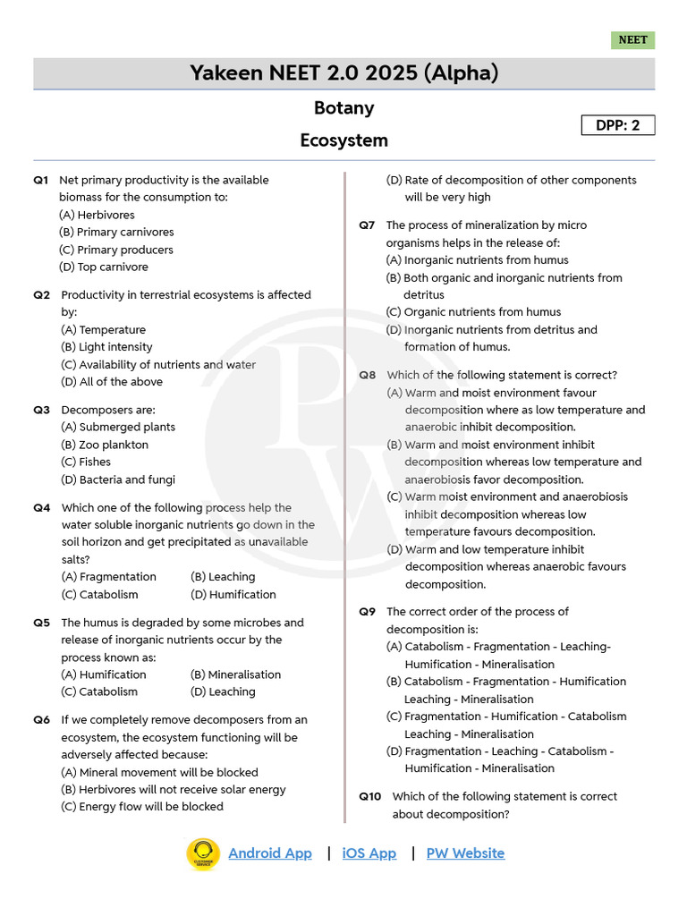 Ecosystem _ DPP 02 (Of Lecture 03) _ Yakeen NEET 2.0 2025 (A | PDF ...