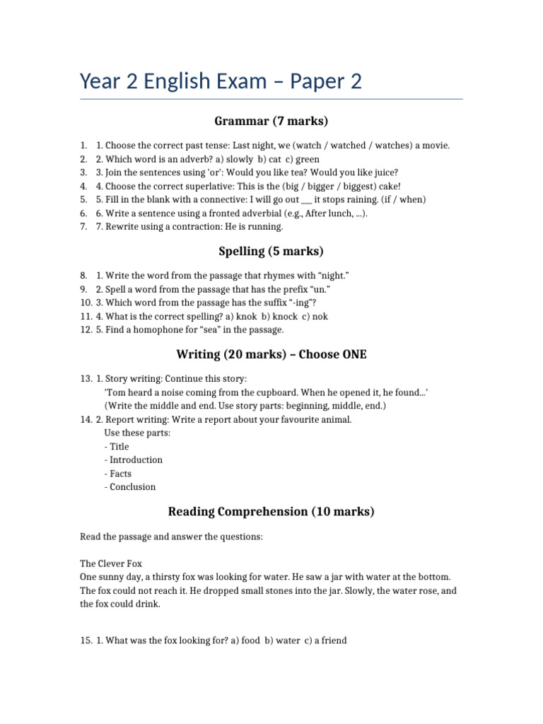 Year 2 English Exam Paper | PDF | English Language | Verb