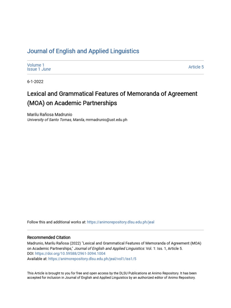 Lexical and Grammatical Features of Memoranda of Agreement (MOA) | PDF ...