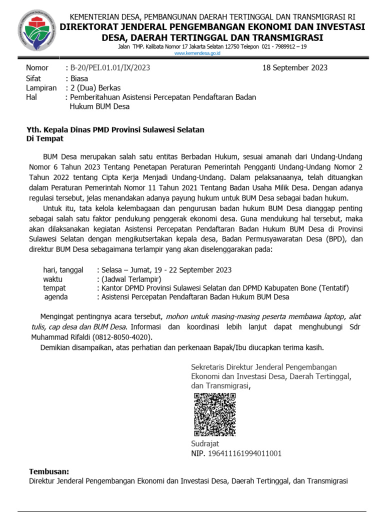 Surat Pemberitahuan DPMD Prov Sulsel | PDF