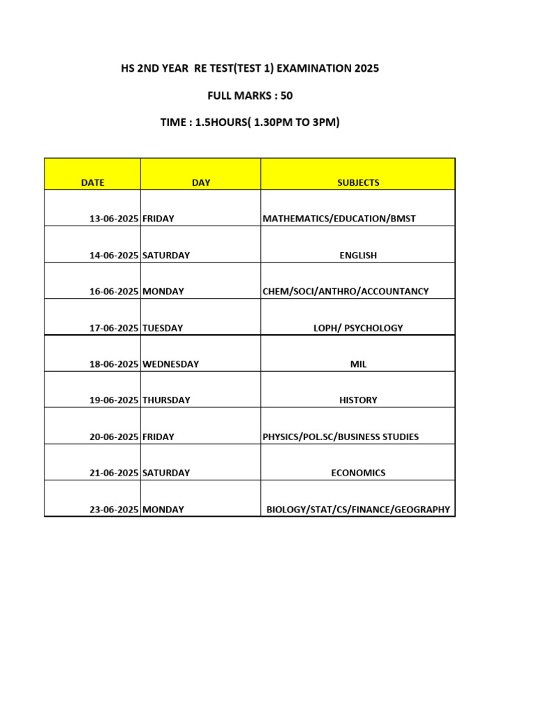 Hs 2nd Year Re Test (Test 1) Exam 2025 | PDF