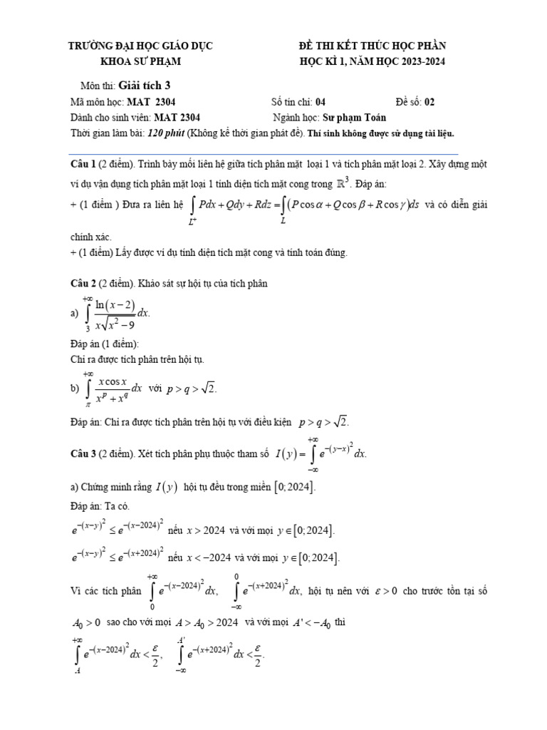 Dap An De02 Giaitich3 HK124 | PDF