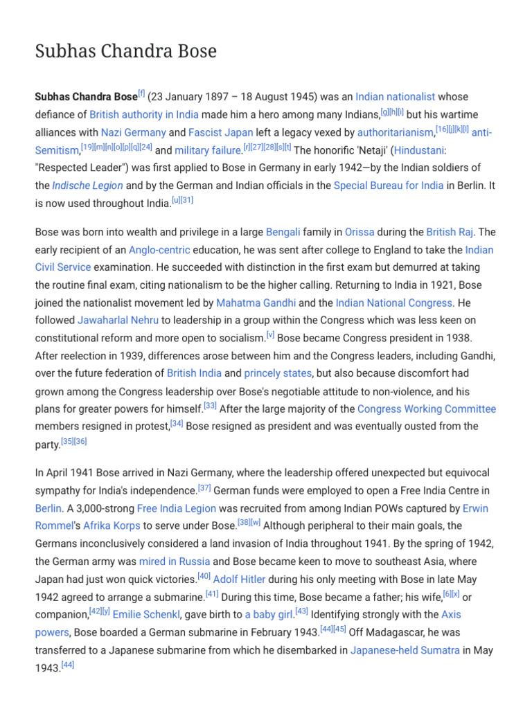 Subhas Chandra Bose - Wikipedia | PDF | Indian Nationalism | Indian Independence Movement