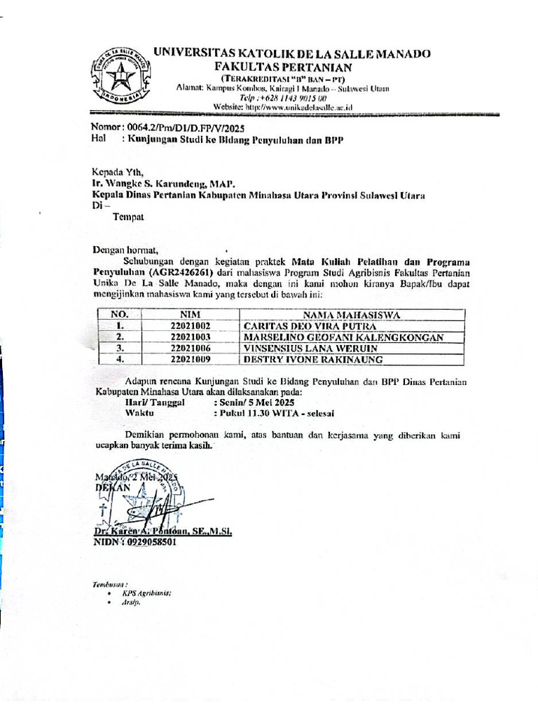 Permohonan Kunjungan Studi Faperta DLSU | PDF