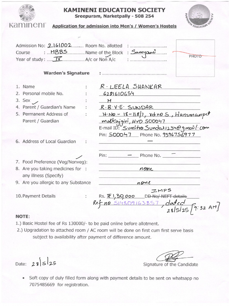 Application For Admission Hostels | PDF