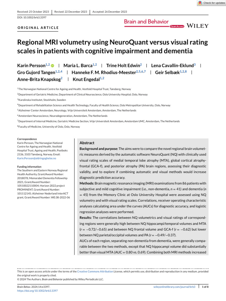 Brain and Behavior - 2024 - Persson - Regional MRI Volumetry Using NeuroQuant Versus Visual ...
