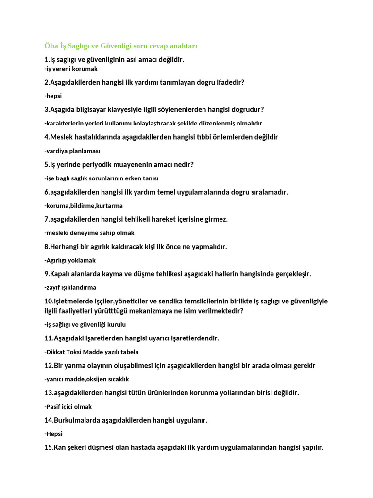 Öba İş Saglıgı Ve Güvenligi (Isg) Soru Cevap Anahtarı | PDF