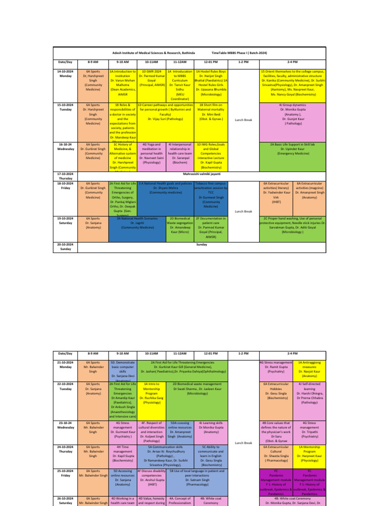 2024 Batch - Phase 1 Main Time Table | PDF | Coagulation | White Blood Cell