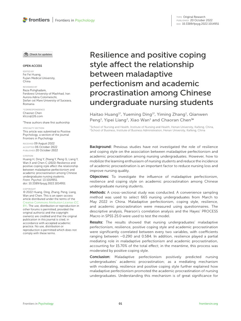 Resilience and Positive Coping Style Affect The Relationship Between Maladaptive Perfectionism ...