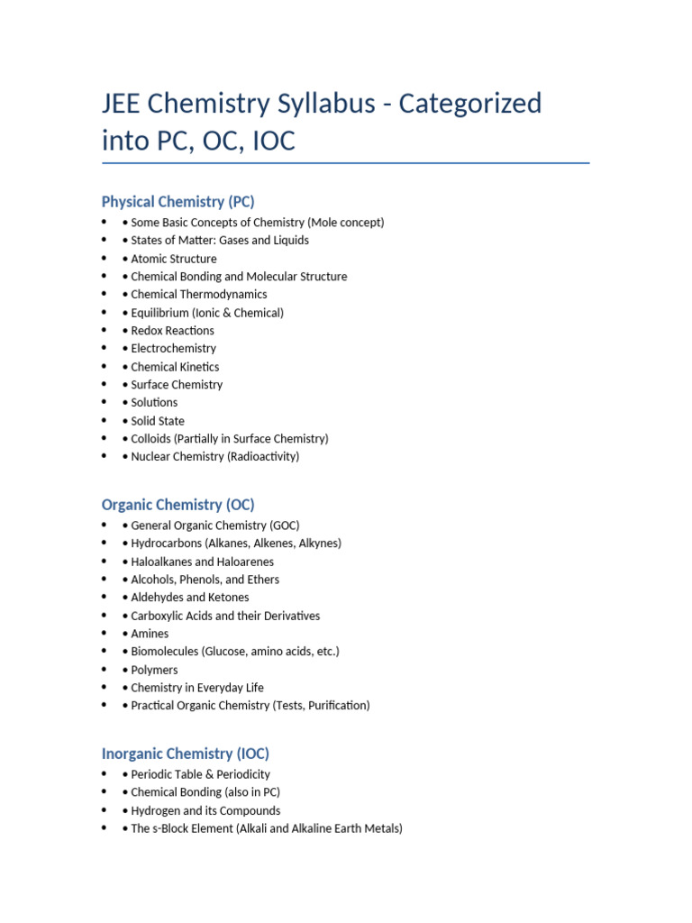 JEE Chemistry Syllabus PC OC IOC | PDF