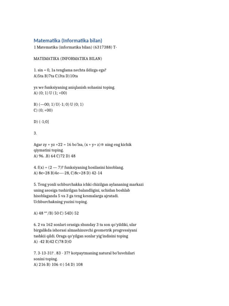 Matematika Test Savollar | PDF