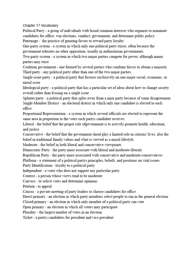 Chapter 17 Civics Vocabulary | PDF | Political Parties | Elections