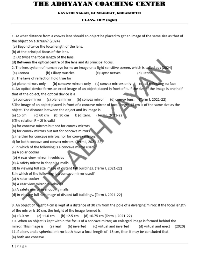 Class 10 Optical Devices Quiz | PDF | Mirror | Optics