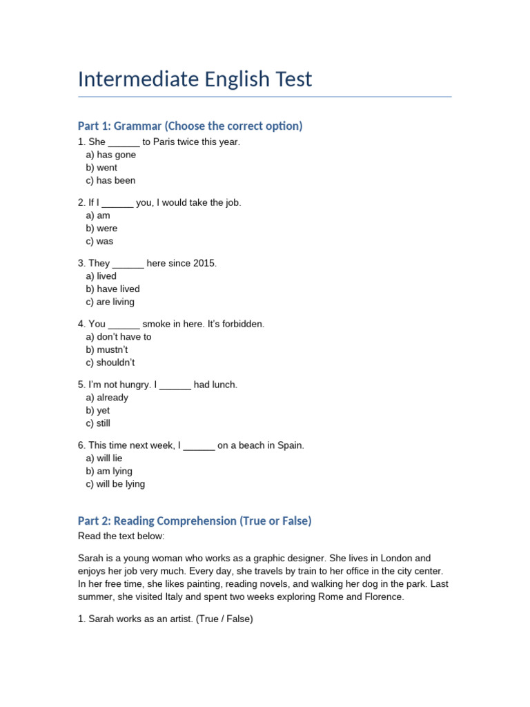 Intermediate English Test: Grammar & Comprehension | PDF