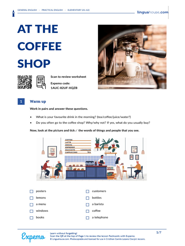 Coffee Shop Vocabulary for Beginners | PDF | Drink | Coffeehouse