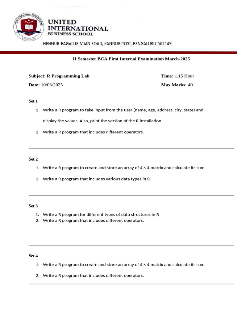 II Semester BCA - 1IA - R-LAB - Question - Paper | PDF | Data Type ...