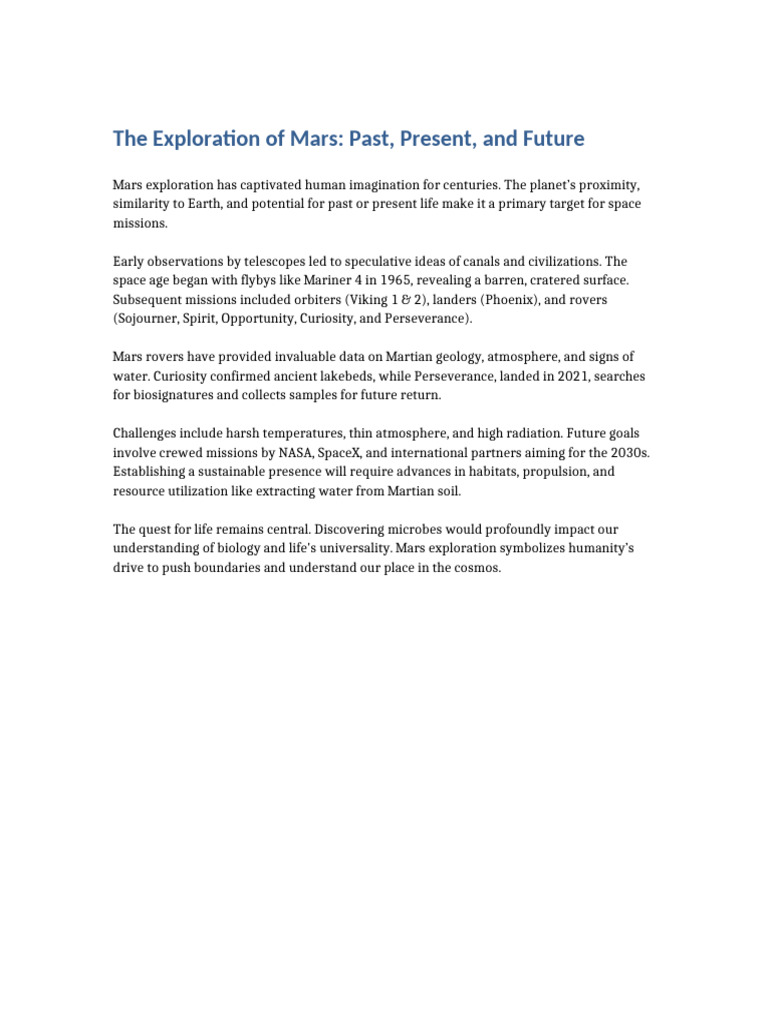 Mars Exploration: Past and Future Insights | PDF