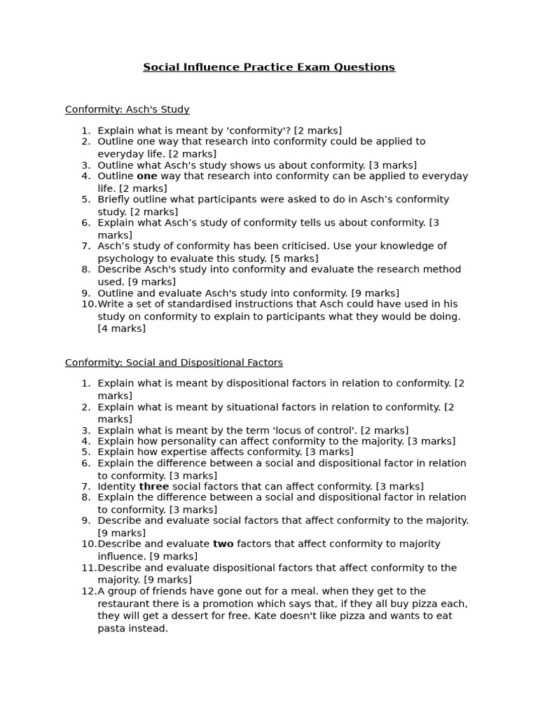 Exam Practice Questions Social Influence | PDF | Conformity | Cognition