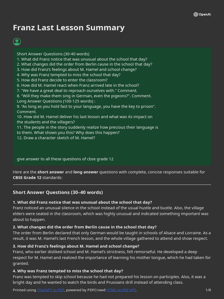 Franz Last Lesson Summary | PDF | Poetry | Nostalgia