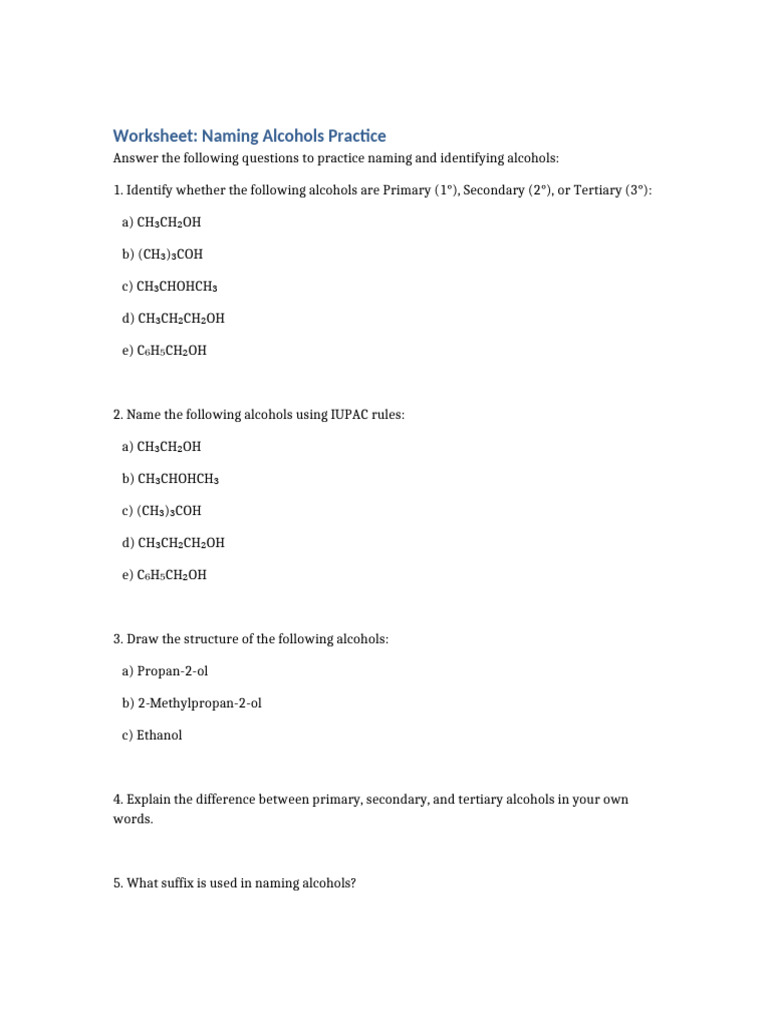 Naming Alcohols Worksheet | PDF