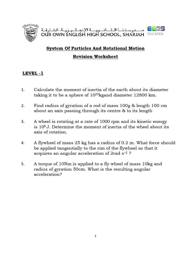 System of Particles and Rotational Motion Revision Worksheet | PDF | Rotation Around A Fixed ...