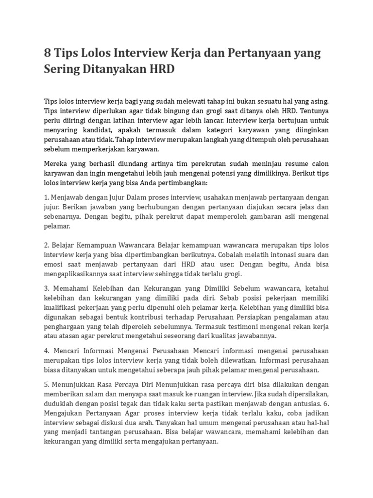 Tips Lolos Interview Kerja HRD | PDF