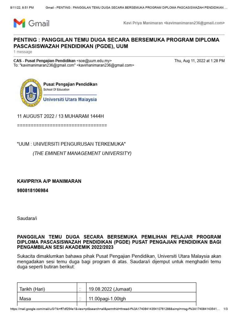 Gmail - Penting - Panggilan Temu Duga Secara Bersemuka Program Diploma Pascasiswazah Pendidikan ...