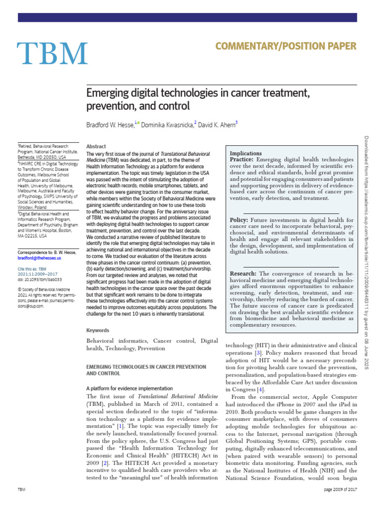 2021 - Emerging Digital Technologies in Cancer Treatment, Prevention ...