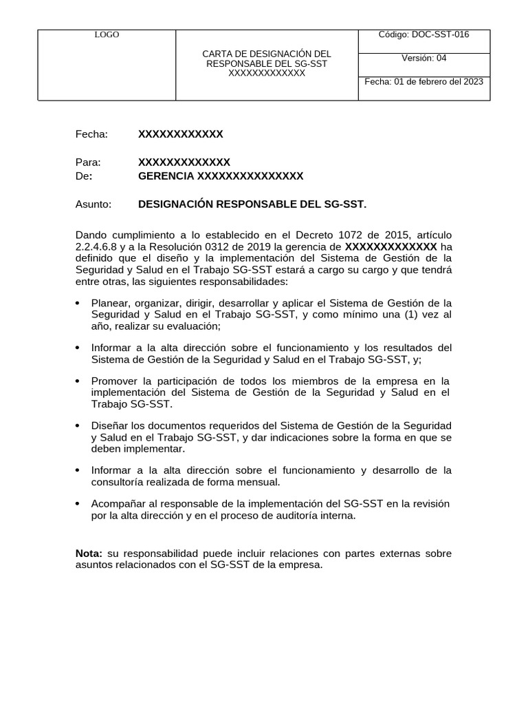 Doc-Sst-016 Designación Responsable Del SG-SST | PDF