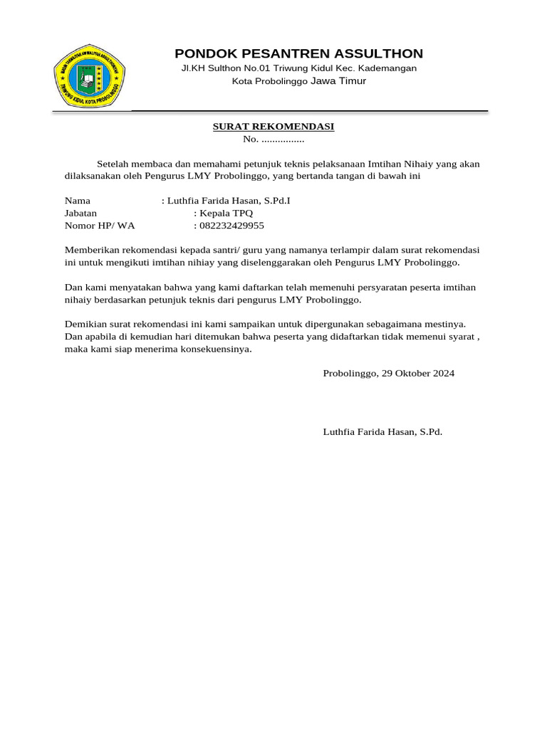 Surat Rekomendasi Yanbua | PDF