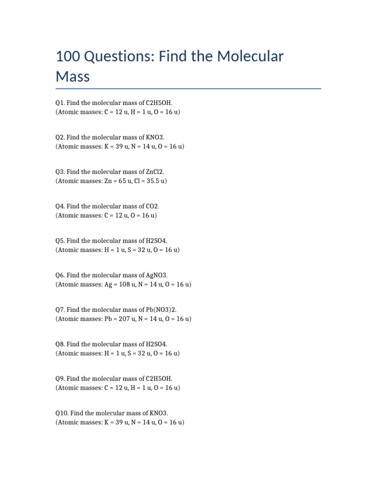 Molecular Mass Practice Questions | PDF | Mass | Materials