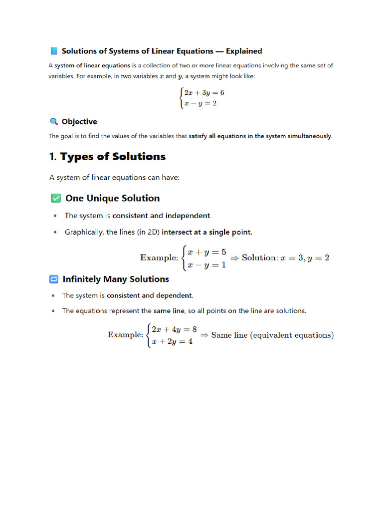 Solutions of Systems of Linear Equations and Examples | PDF