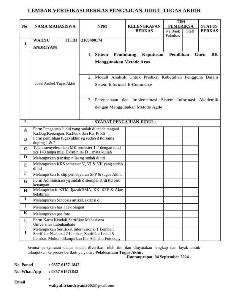 Lembar Verifikasi Berkas Pengajuan Judul | PDF