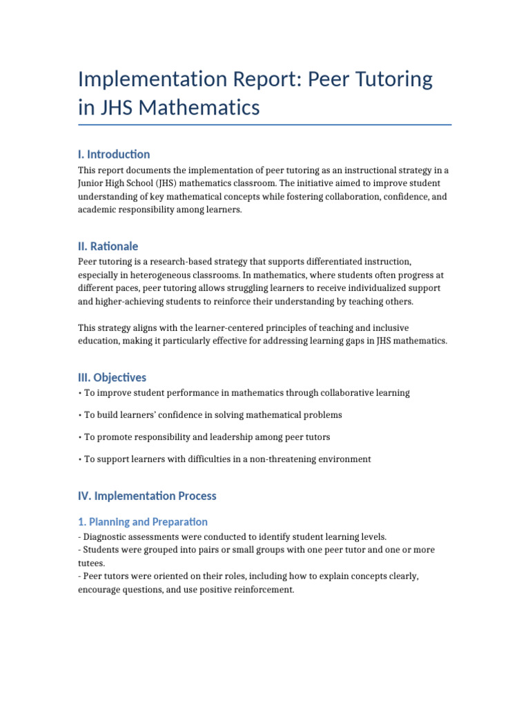 Peer Tutoring JHS Mathematics Report | PDF | Mathematics | Learning