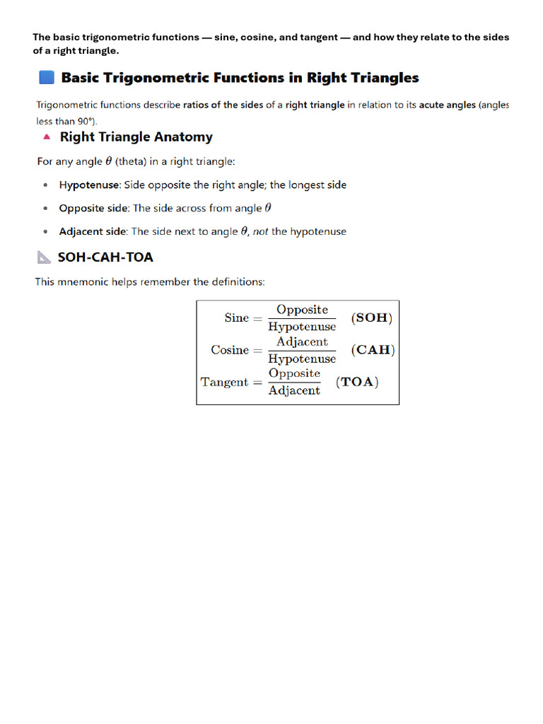 Basic Trigonometric Functions - Sine, Cosine, and Tangent | PDF