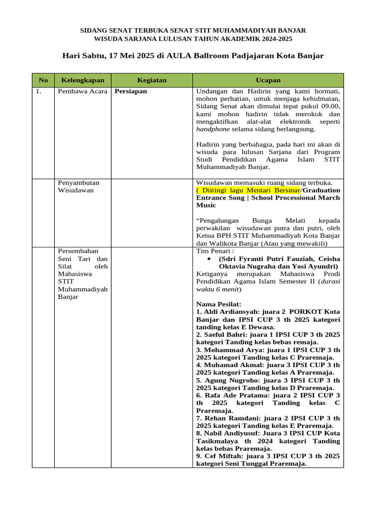 SUSUNAN ACARA WISUDA STIT MUHBA 2025 | PDF