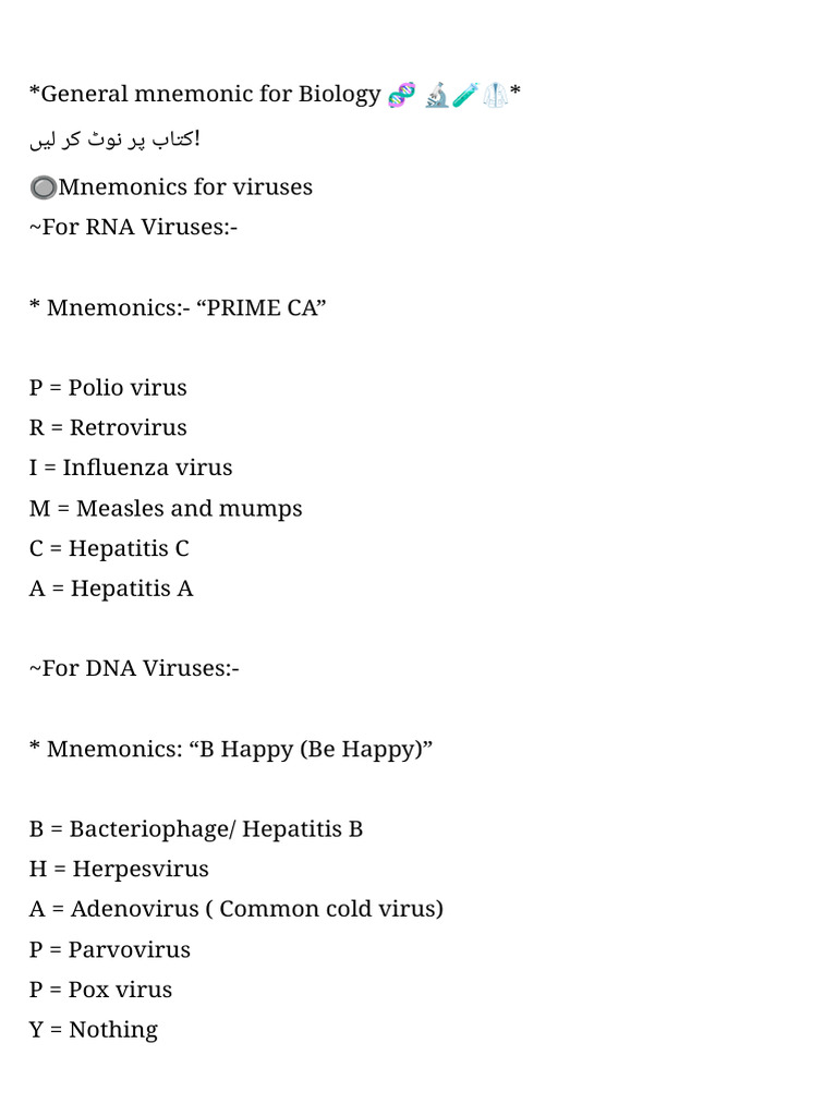 General Mnemonic For Biology | PDF