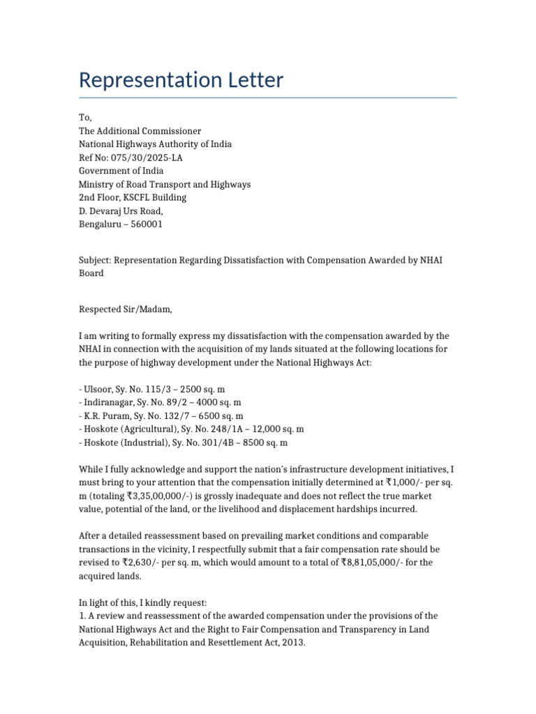 Representation Letter NHAI | PDF