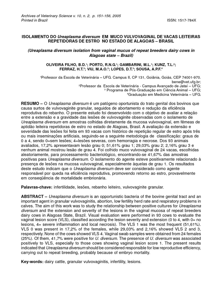 ISOLAMENTO DO Ureaplasma Diversum EM MUCO VULVOVAGINAL DE VACAS ...