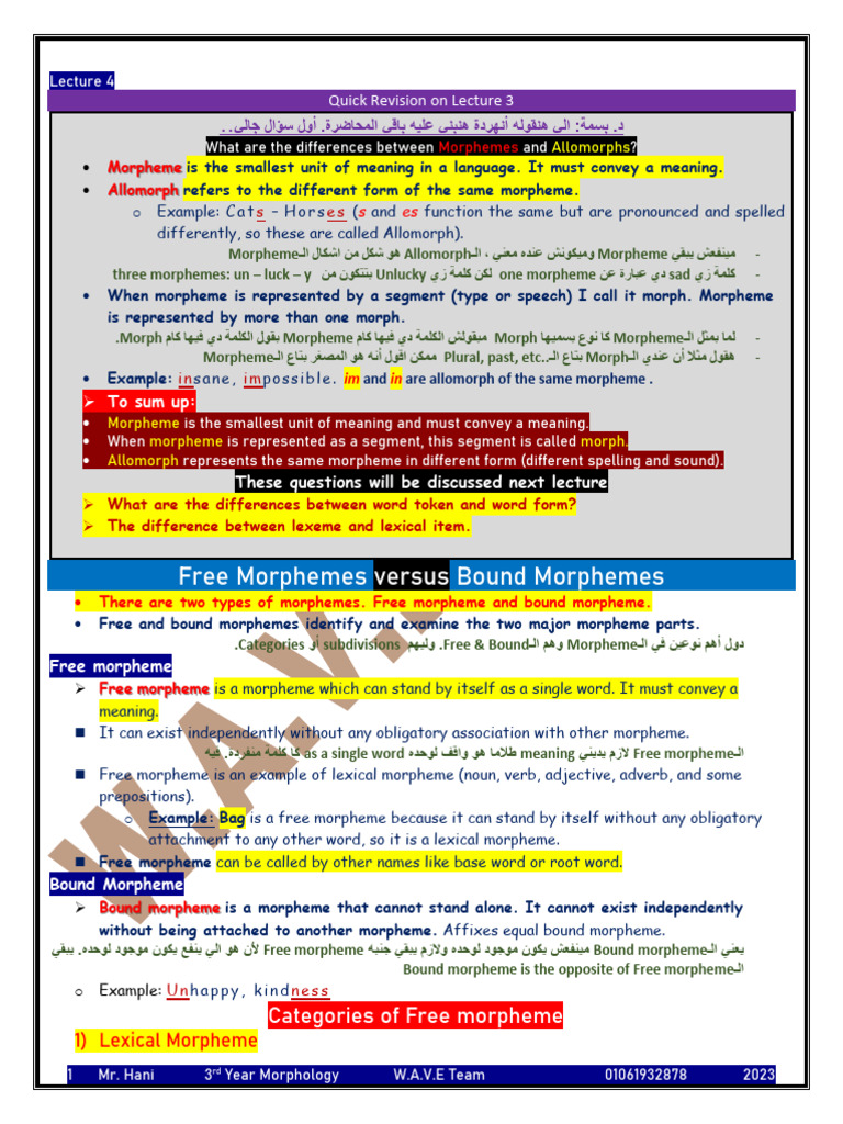 3rd Year Morhpology Lecture 4 | PDF | Part Of Speech | Word