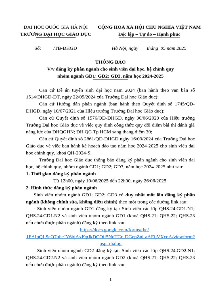 28-05-2025-Thông Báo Đăng Ký Phân Nganh QH2024 | PDF