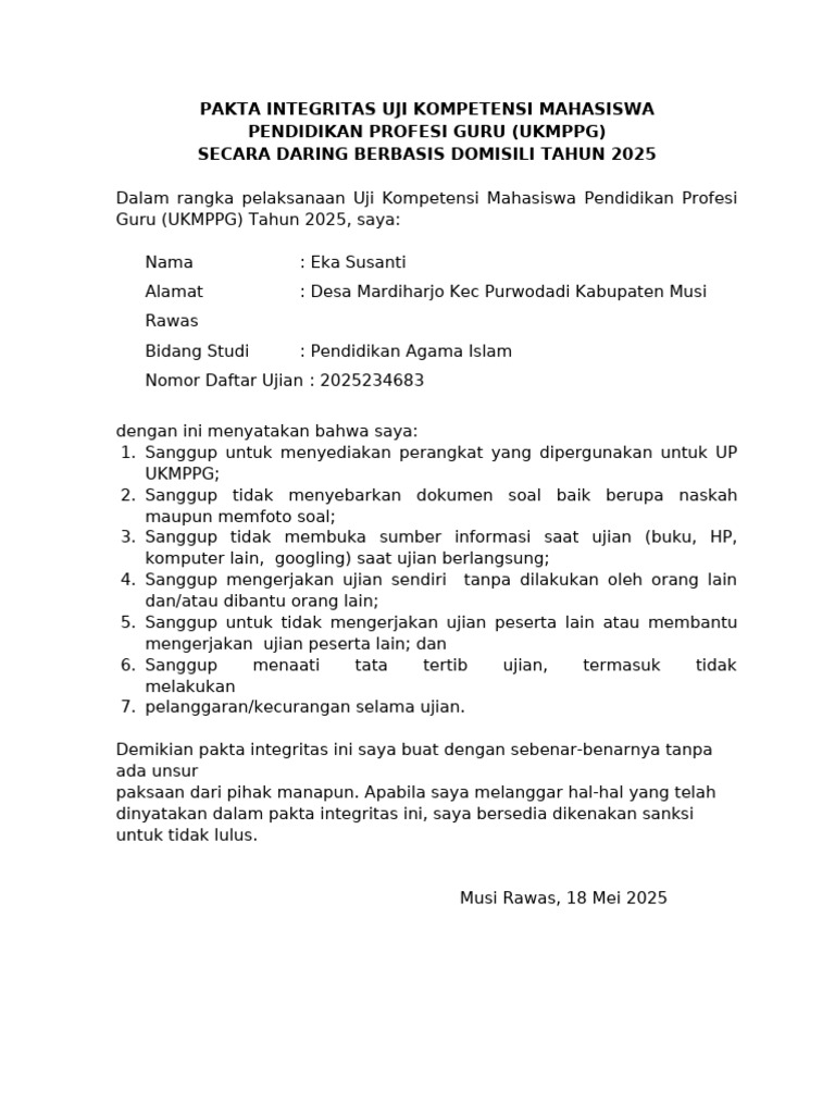 Pakta Integritas Uji Kompetensi Mahasiswa | PDF